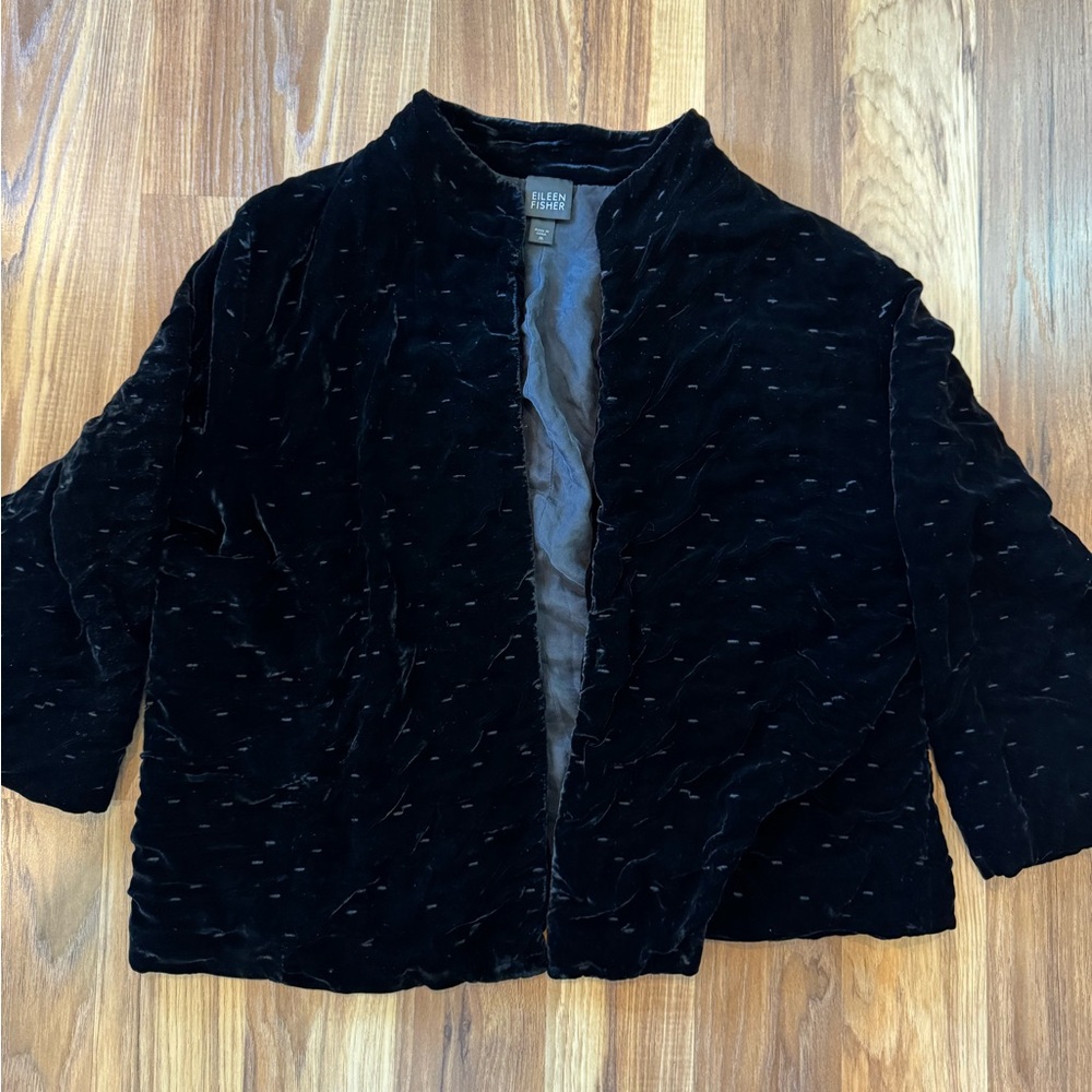 Eileen Fisher Silk Velvet Bartack Open Front Jacket - Gem
